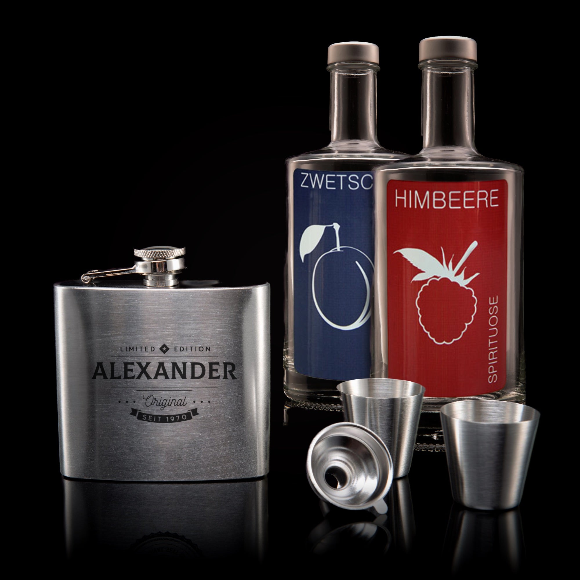 Flachmann Set mit Gravur online bestellen (5 Schnäpse zum Auswählen)